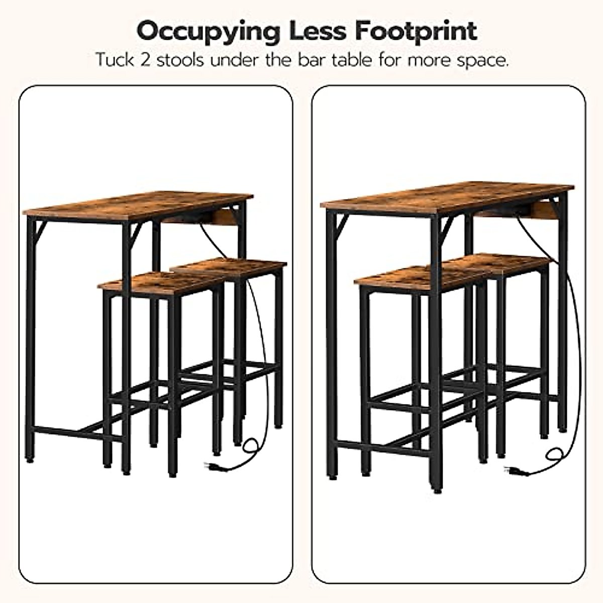 HOOBRO Bar Table Set with Power Outlet, Bar Table and Chairs Set, 3-Piece Pub Table Set, Kitchen Bar Height Table with Stools of 2, for Living Room, Dining Room, Rustic Brown and Black BF45UBT01