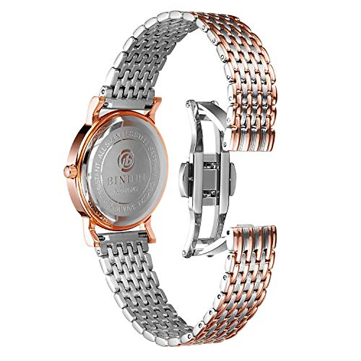 BINLUN Ultra Thin Mesh Stainless Steel Watch Band Light Watch Strap Polished Watch Bracelets Replacement 12mm/14mm/16mm/18mm/20mm/22mm for Men Women with Butterfly Buckle(Silver and Rose Gold,18mm)