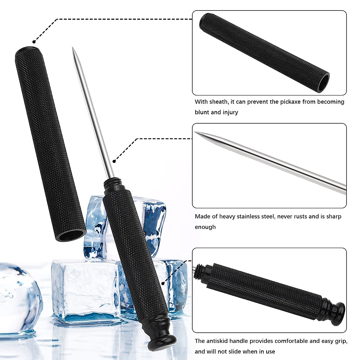 Stainless Steel Ice Picks Crushed Ice Tool With Safety Cover Bar Tools Ice Crushers Chisel Ice Cube Awl Sharp Cone With Non-Slip Handle (Black)