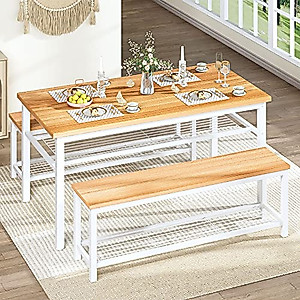 Lamerge 3-Piece Dining Table Set, Oak Dining Table with Storage Shelf, Kitchen Table and Chairs Set for 4, Dining Table Set with 2 Benches, Industrial Dining Table Set for Dining Room, Kitchen