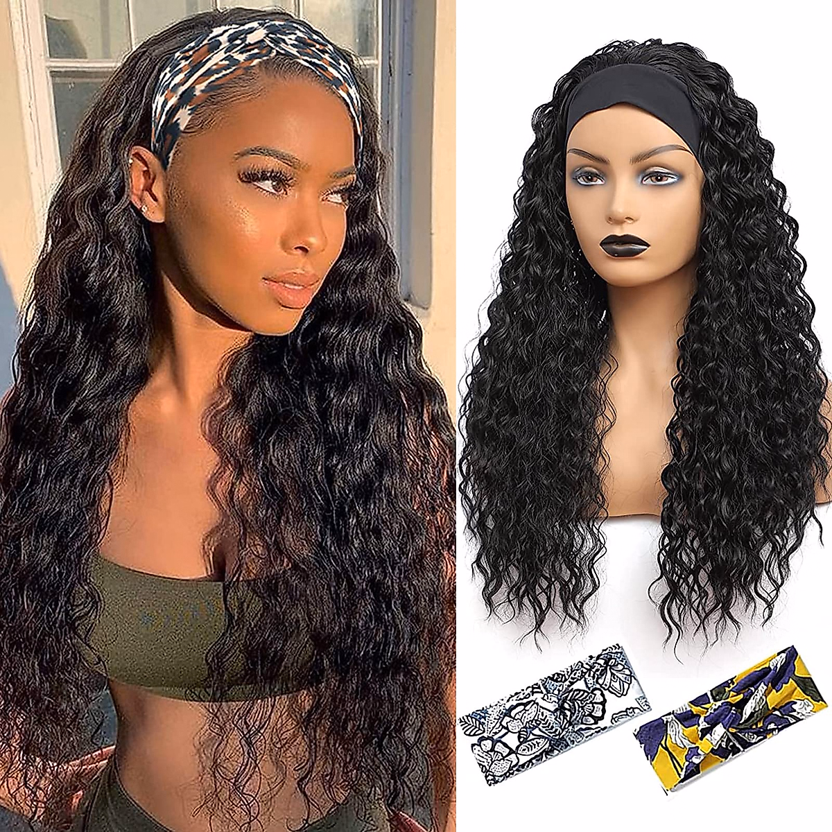 Headband Wig Water Wave Headband Wigs for Women Black Synthetic Curly Headband Wig 26 Inch Glueless Half Wig 180% Density Wigs with Headbands Attached Natural for Daily Use (26 Inch (Pack of 1), 1B)