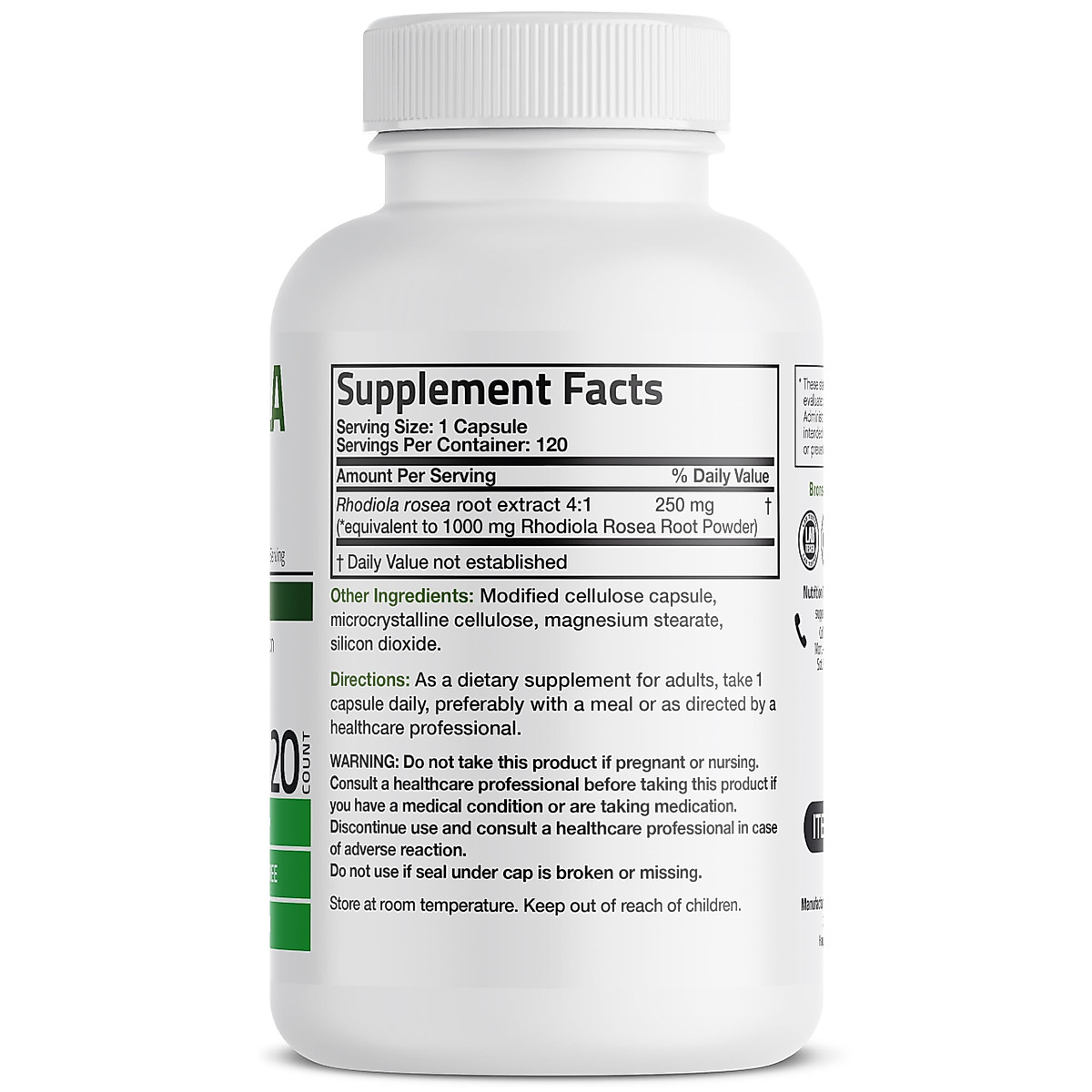 Bronson Rhodiola Rosea Vegetarian Capsules - Adaptogenic Herb - Brain, Stress & Mood Support - Non-GMO, 120 Count