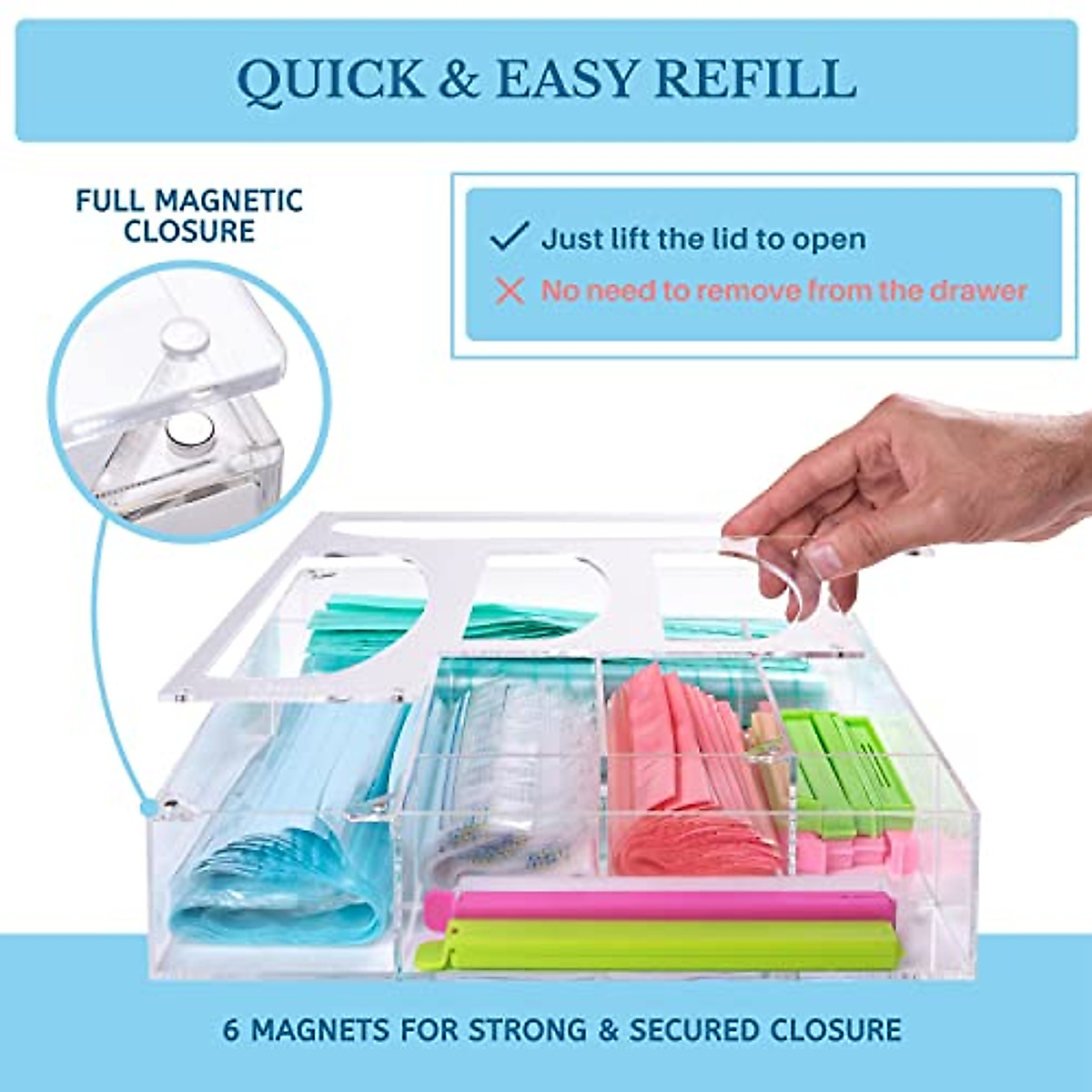 Ziplock Bag Storage Organizer Acrylic Brightroom Drawer Storage Upgraded Design Gallon Quart Sandwich Snack Fit Ziploc & All Food Bags Brands, Clear Plastic Kitchen Baggie Dispenser, 6 Clips Included