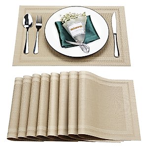 Bxzandya Placemats Set of 8,Washable,Heat and Stain Resistant Indoor/Outdoor Place mats, Vinyl Woven Non Slip Table Mats for Restaurant Table Protection, PVC Table Placemats.(Beige, 8PCS)