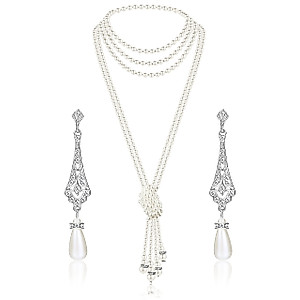 YADOCA 1920s Faux Pearl Necklace Earrings For Women Flapper Beads Long Pearls Necklace For Halloween Costume Jewelry Accessories