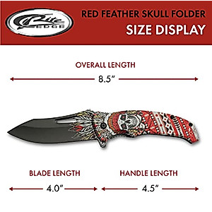 SZCO Supplies 8.5” Red Feather Skull Liner Lock EDC Folding Knife With Pocket Clip