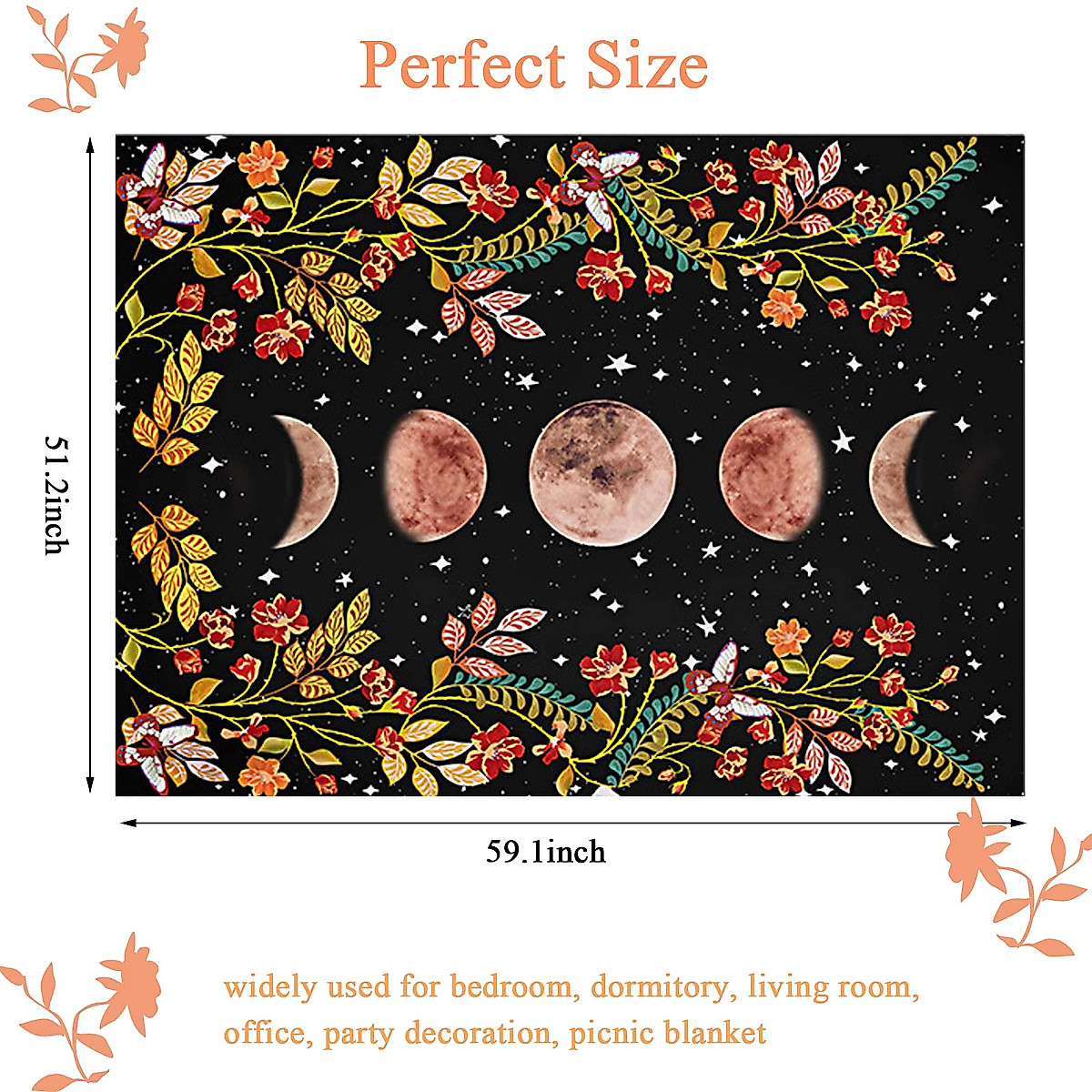 Sun And Moon Tapestry - 51.2 x 59.1 In Moon Phase Tapestries Flower Vine Tapestry Home Decoration Background Cloth, Garden Decor Banner Tapestry For Bedroom Livingroom Wall Hanging Art Aesthetic