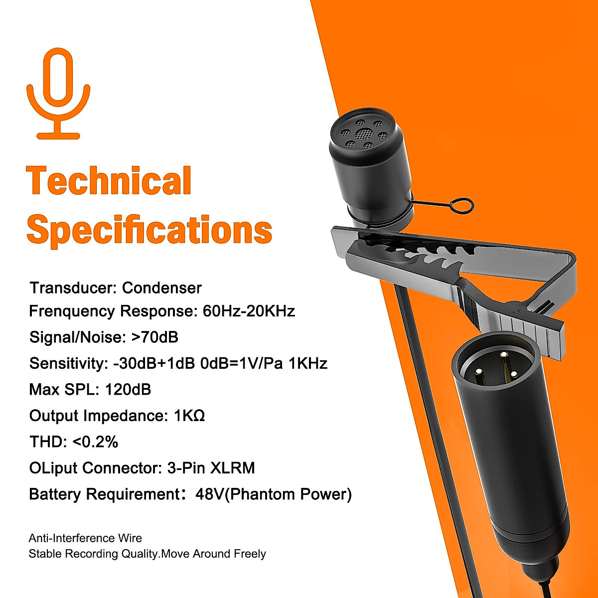 Tendak XLR Lavalier Microphone, Omnidirectional Lapel Mic, Phantom Power with Metal Lapel Clip and Windscreen Accessories Compatible with Canon Sony Panasonic Camcorders for Interview YouTube