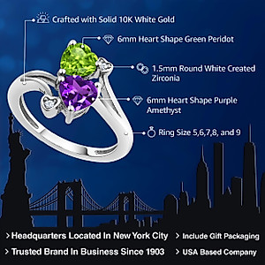 Gem Stone King 10K White Gold Purple Amethyst and Green Peridot Ring For Women (1.51 Cttw, Heart Shape 6MM, Gemstone Birthstone, Available In Size 5, 6, 7, 8, 9)