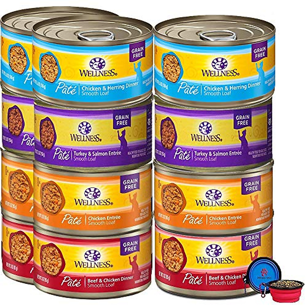 Wellness Natural Premium Canned Cat Wet Food Pate - 12 Pack Cans Variety Bundle Pack 4 Flavor - (Chicken,Beef, Salmon & Turkey) W/ HS Pet Food Bowl - (3 Ounce)