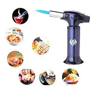 Kitchen Torch, blow torch -Special Blue Refillable Butane Torch With Safety Lock & Adjustable Flame and Fuel gauge - Culinary Torch, Creme Brulée Torch for Cooking Food, Baking, BBQ (Black)