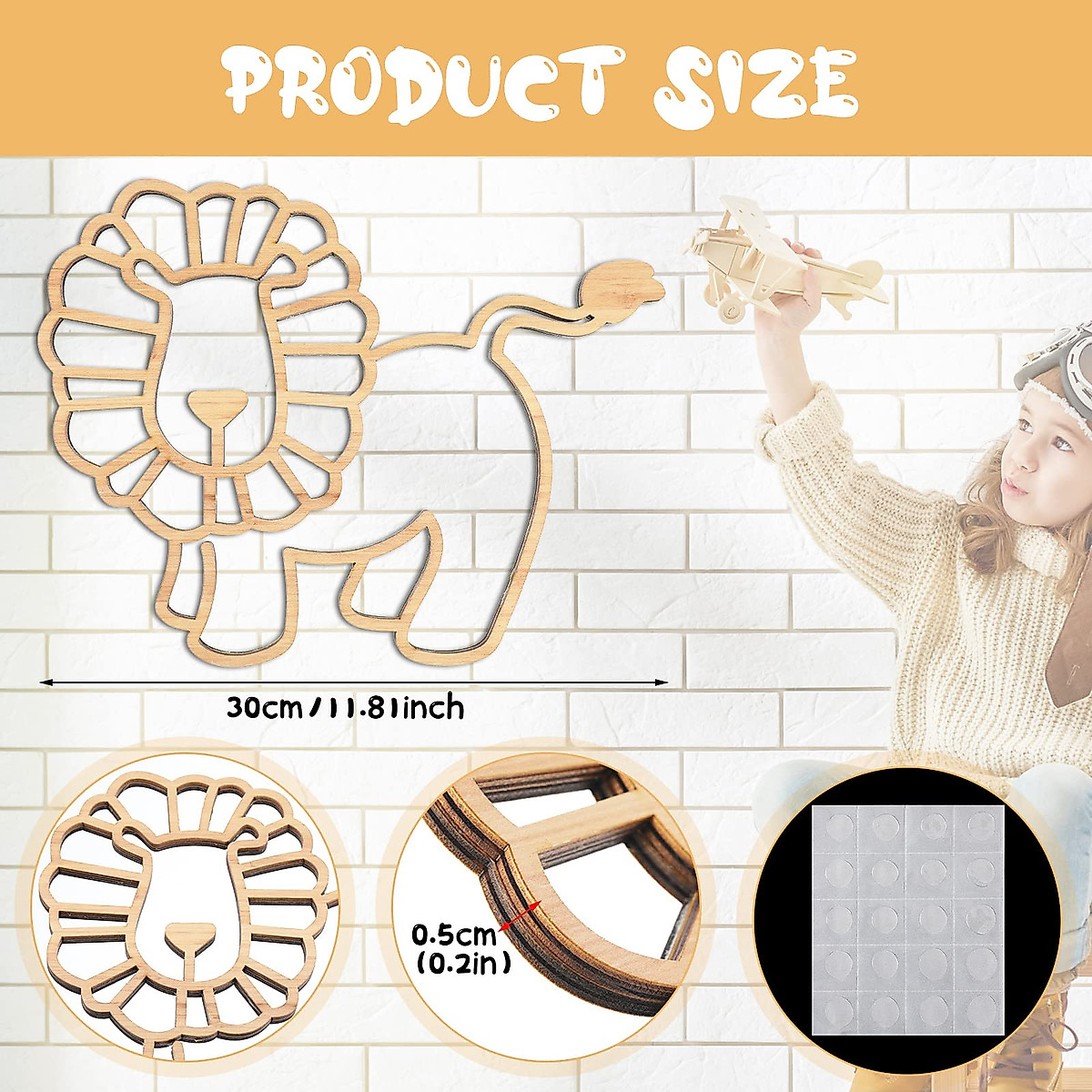 Yulejo Nursery 3 Pieces Jungle Theme Nursery Decor Wooden Animal, Woodland Safari Wall Decor with Glue Points for Bedroom Decor (Lion, Elephant, Giraffe)