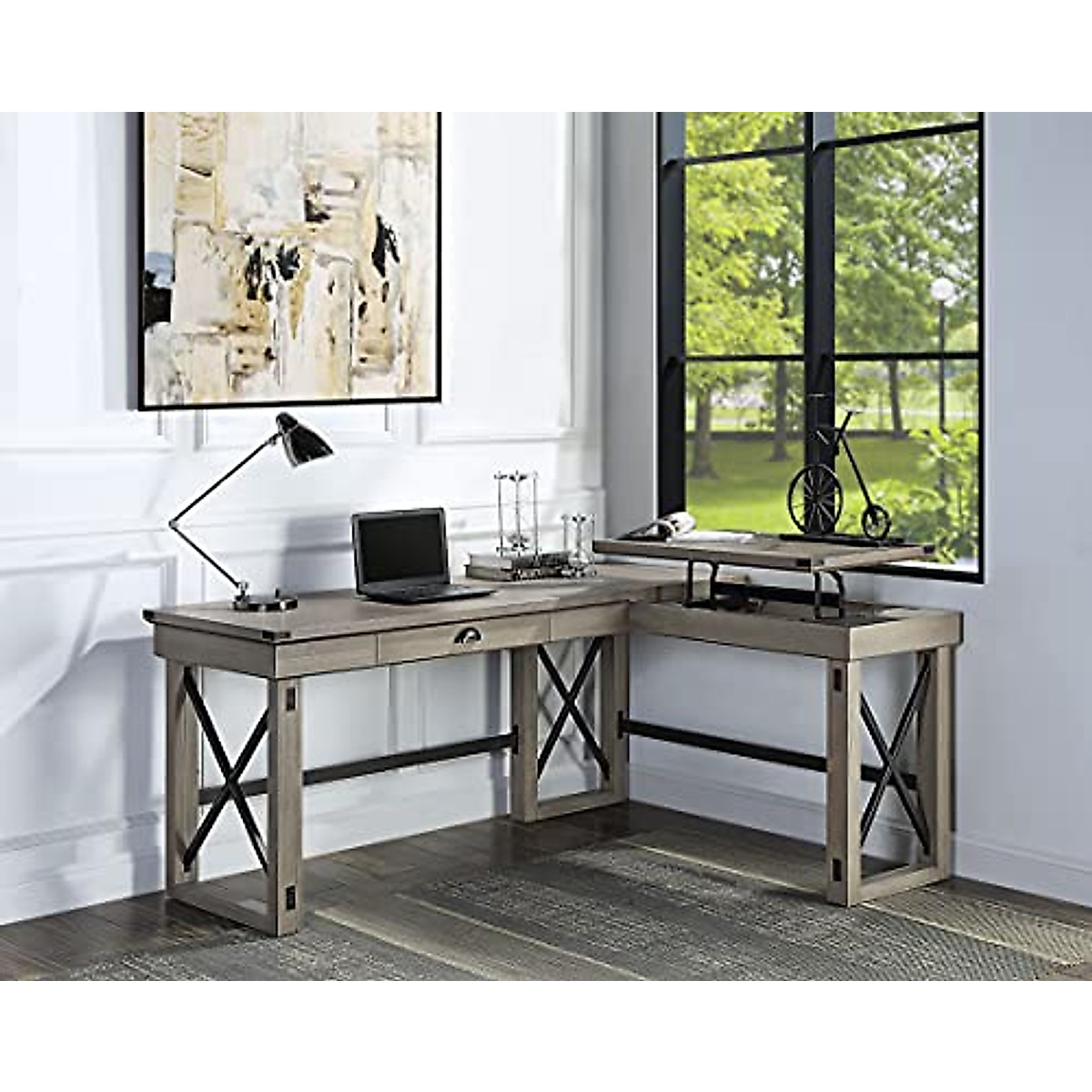 Knocbel Industrial L-Shaped Writing Desk with Storage Drawer and Lift Top, Home Office Workstation Corner Table Computer Desk, 67" L x 55" W x 30" H (Rustic Oak)