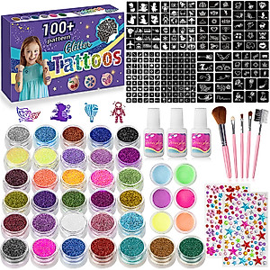 Temporary Glitter Tattoos Kids,32 Glitter Colors and 6 Fluorescent Colors,209 Stencils,2 diamond stickers,3 Glue,5 Brushes,Adults and Kids Arts Glitter Kit,Wonderful Holiday Gifts for Girls & Boys.