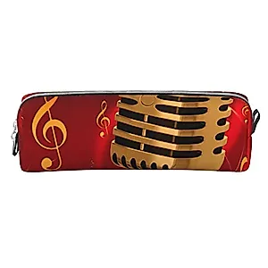 allgobee Pu Leather Pencil Bag Pen Case Microphone-Abstract-Musical Students Stationery Pouch Pencil Holder Desk Organizer