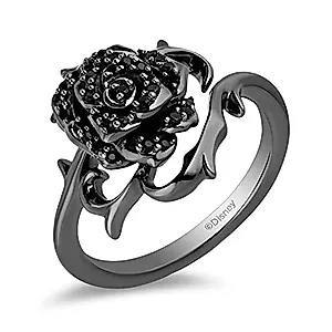 Jewelili Enchanted Disney Fine Jewelry Black Rhodium over Sterling Silver 1/4 Cttw Treated Black Round Diamond Maleficent Black Rose Ring, Size 5