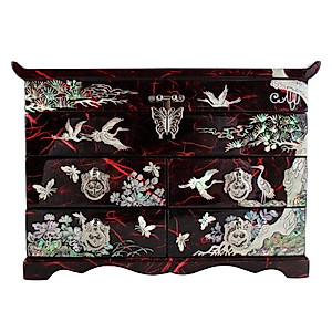 Mother of Pearl Crane and Pine Tree in Red Mulberry Paper Design Wooden Jewelry Mirror Trinket Keepsake Treasure Drawer Lacquer Box Case Chest Organizer