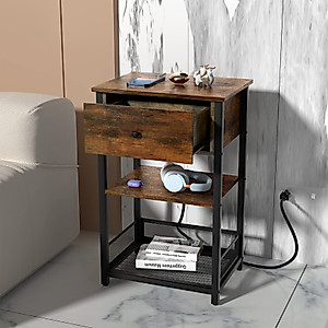 YAKANJ Modern Nightstand with Charging Station and Drawer,3-Tier Side Table End Table for Living Room,Bedroom,Narrow Sofa Table Bedside Table with Storage Shelf for Small Spaces-Brown