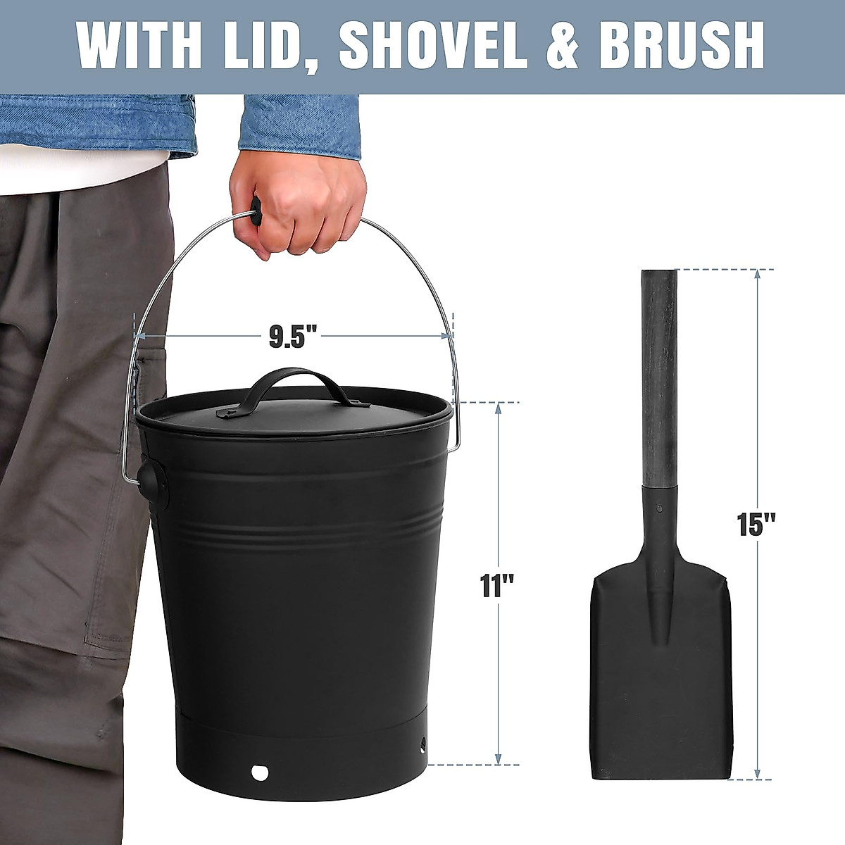 INNO STAGE Ash Bucket with Lid and Wood Handle Coal Shovel, Ash Carrier Pail Fireplace Tools,Fire Pit,Wood Burning Stove Black