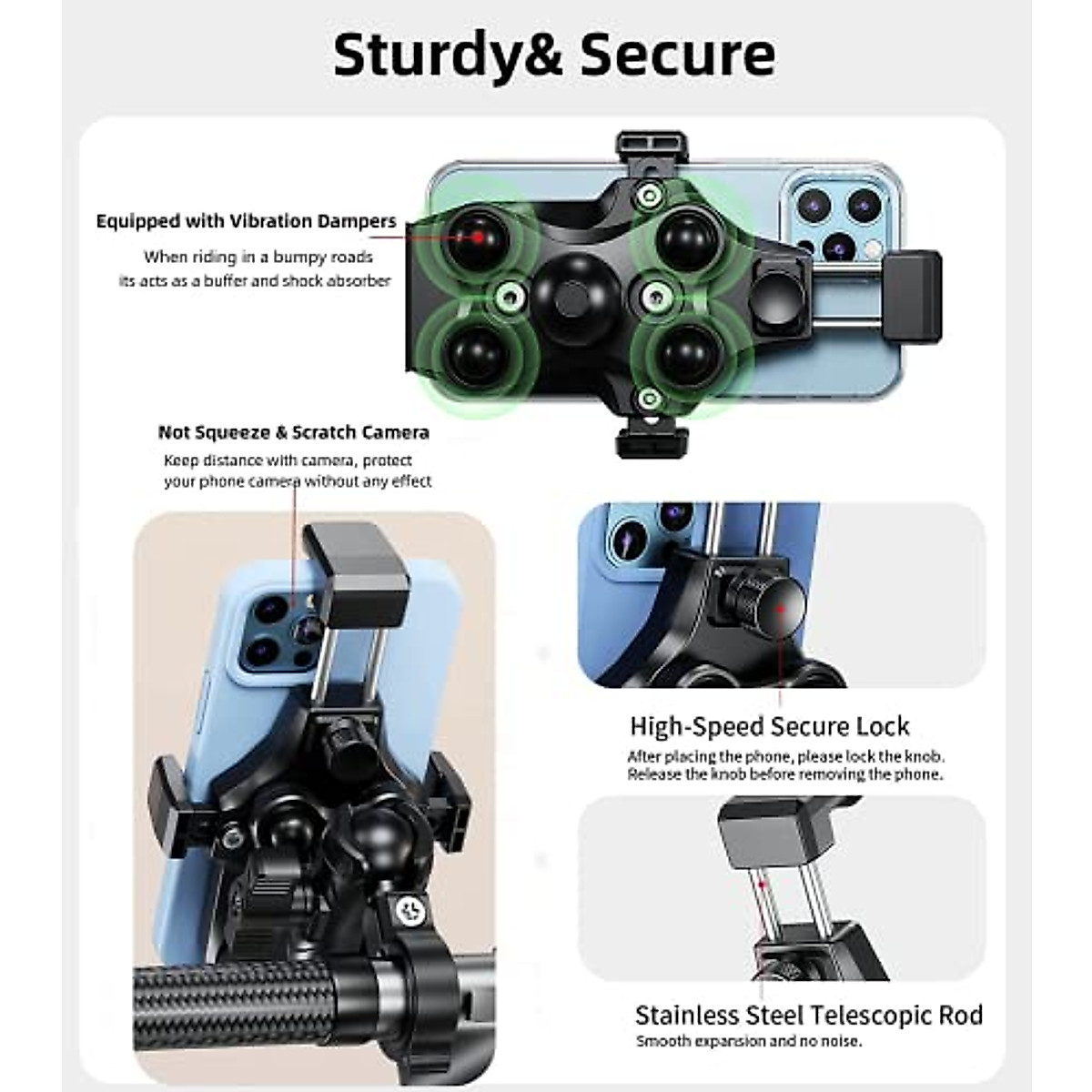 Kewig Motorcycle Phone Mount with Vibration Dampener & High-Speed Secure Lock, Newest Anti-Theft Phone Cradle Handlebar Cellphone Holder for Motorcycle Bike ATV/UTV Scooter Fit 4.7-7.2" Phone