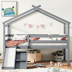 Bellemave Twin Size Kids Low Loft Bed,House Loft Bed with Slide and Ladder,Solid Wood Low Loft Bed with Safety Guardrails for Girls Boys,Grey
