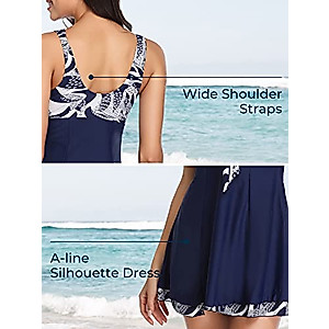 MiYang Women's One Piece High Waist Padded Swim Dress, Navy Flower, Tag Size XL=S (US 4-6)