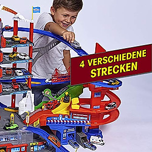 DICKIE TOYS: Majorette Super City Garage Playset with 6 Die-Cast Cars, Parking Building Play World on Seven Floors, 6 Light and Sound Effect Systems, For Ages 3 and up , 128 x 78 x 73 cm