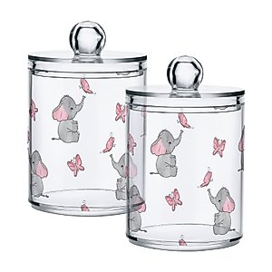 YYZZH Cute Elephant Baby Play With Butterfly Animal 2 Pack Qtip Holder Dispenser for Cotton Swab Ball Round Pads Floss 10 Oz Apothecary Jar Set for Bathroom Canister Storage Makeup Organizer
