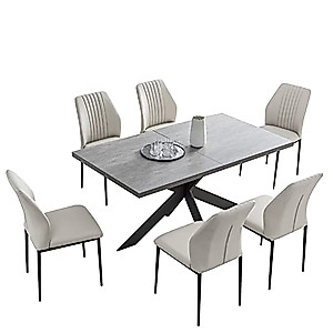 Expandable Dining Table Set for 6-8 Seat, Rectangular Modern Kitchen Thicker Top, 6 Faux Leather Dining Chairs and Non-Slip Pad, Extendable 63'' to 79'' with Extension Leaf for Kitchen Restaurant