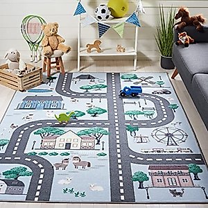 SAFAVIEH Kids Playhouse Collection Area Rug - 6'7" x 9', Blue & Dark Grey, Non-Shedding Machine Washable & Slip Resistant Ideal for High Traffic Areas for Boys & Girls in Playroom (KPH235M)