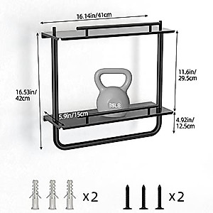 FEILERN Metal Floating Shelves Wall Mounted with Frame and Towel Rack for Bathroom, Living Room, Bedroom, Kitchen (2 Tier, Black)