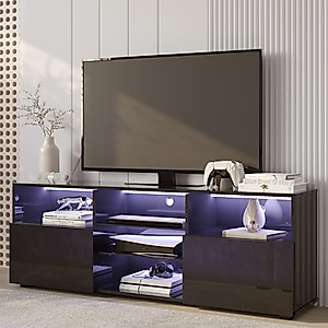 LED TV Stand for 50/55 inch TV, Television Table Center Media Console with Drawer and Led Lights, High Glossy Modern Entertainment Center for Living Game Room Bedroom, Black