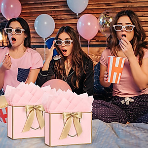 JMANNI Gift Bags, Small Gift Bags, 2Pcs Paper Gift Bag with 4 Tissue Paper and 2 Greeting Cards, Present Bags with Handles for Women Girls Bridesmaid Birthday Valentines Wedding Party (Pink-Golden)