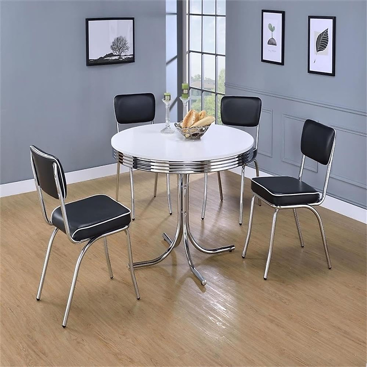 BOWERY HILL 42" Round Vintage Retro Dining Table in White and Chrome