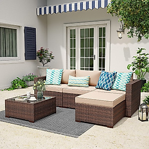 Super Patio Outdoor Patio Furniture Set, 5pc PE Wicker Rattan Sectional Furniture Set with Cushions and Coffee Table, Brown