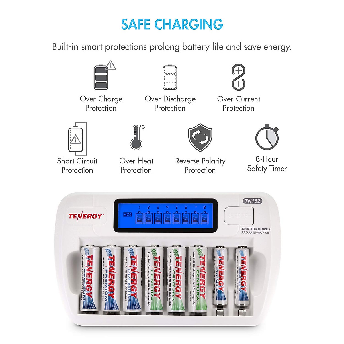 Tenergy AA AAA Rechargeable Battery and Charger Combo TN162 8-Bay Smart LCD AA/AAA NiMH/NiCd Charger + 8 AA & 8 AAA NiMH Rechargeable Batteries