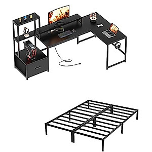 GreenForest 70 in L Shaped Desk with Drawers and Printer Stand and Queen Size Bed Frame Easy Quick Assembly