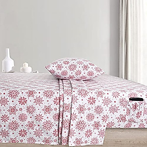 Sleepdown 100% Cotton Flannel Sheets - Super Soft Heavyweight, Double Brushed, Anti-Pill Flannel Bed Sheets - Cal King Sheets Deep Pocket Fitted Sheet X2 Side Pockets (California King, Merry Flakes)