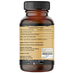 Naturevibe Botanicals Alfalfa Capsules Premium 180 Veg Capsules | 1000mg Per Serving | Nutritionally Abundant | Made with Pure Herb Alfalfa Powder