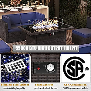 LayinSun 8 Pieces Outdoor Patio Furniture Set with 44" Fire Pit Table Brown Rattan Sectional Sofa Conversation Sets