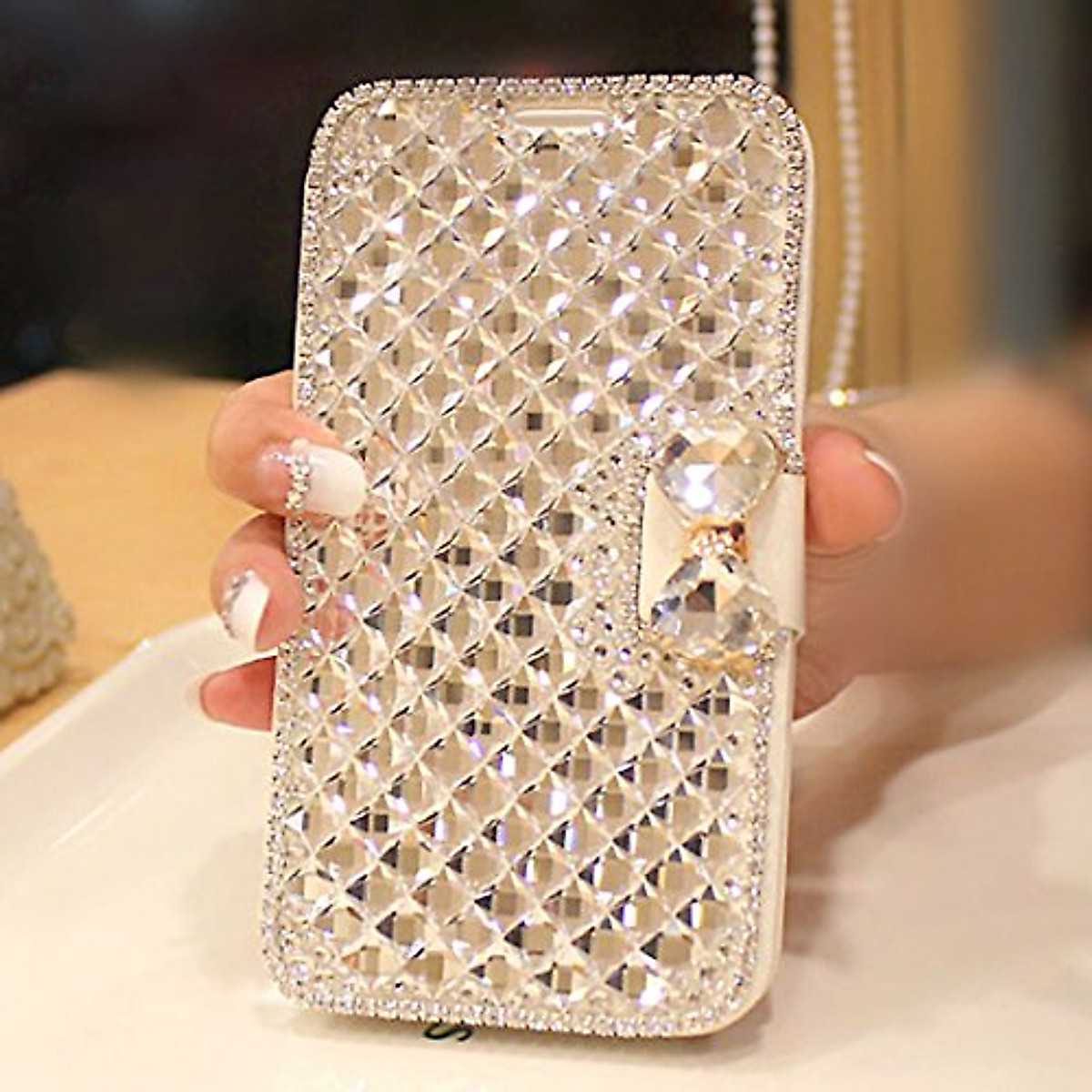 Bonitec iPhone 13 Pro Max Wallet Case - Luxury Glitter Bowknot Diamond Rhinestone Flip Stand with Card Slot