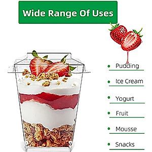 PLAZOTTA 80 Pack 5.4 oz Clear Plastic Dessert Cups with 80 Tasting Spoons and 80 Lids, Square Parfait Appetizer Cups Bowls for Party, Weddings - Flat Lid