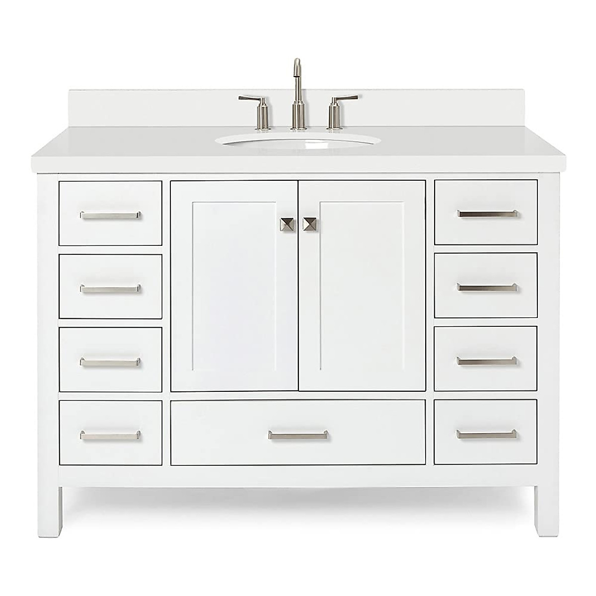 DKB Beckford Bathroom Vanity 49" White with 1.5" Edge Pure White Quartz Countertop & Backsplash, Center Oval Sink, 2 Soft Closing Doors, 9 Full Extension Dovetail Drawers, Brushed Nickel