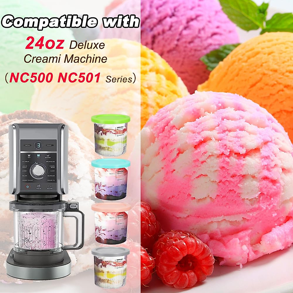 Advantez Replacement For Ninja Creami Deluxe Pints and Lids-4 Pack, 24oz Reusable Ice Cream Containers Dishwasher Safe, Compatible With NC501 NC500 Series 11-In-1 Ninja Ice Cream Maker