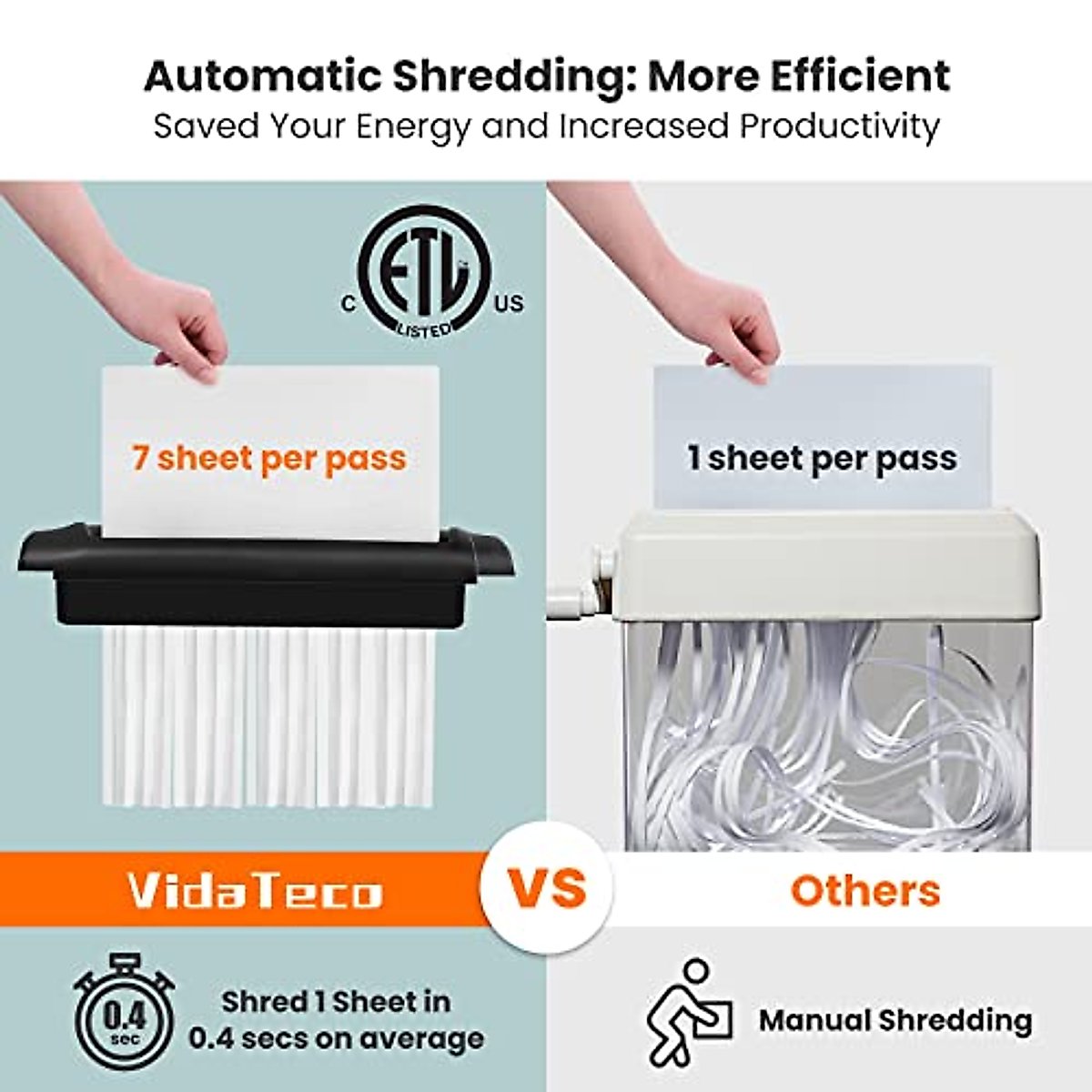 Paper Shredder Without Basket,VidaTeco 7-Sheet Strip Cut Shredder for Home Use,Mini Paper Shredder Also Shreds Card/Staple,Small Portable Shredder with Extendable Arm,Durable&Fast with Jam Proof(ETL)