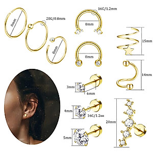 FIBO STEEL 20G Surgical Steel Stud Earrings for Women Multipack Cartilage Studs Hoops Earrings CZ Flower Butterfly Heart Flat Back Earrings Helix Conch Ear Piercings Gold-tone