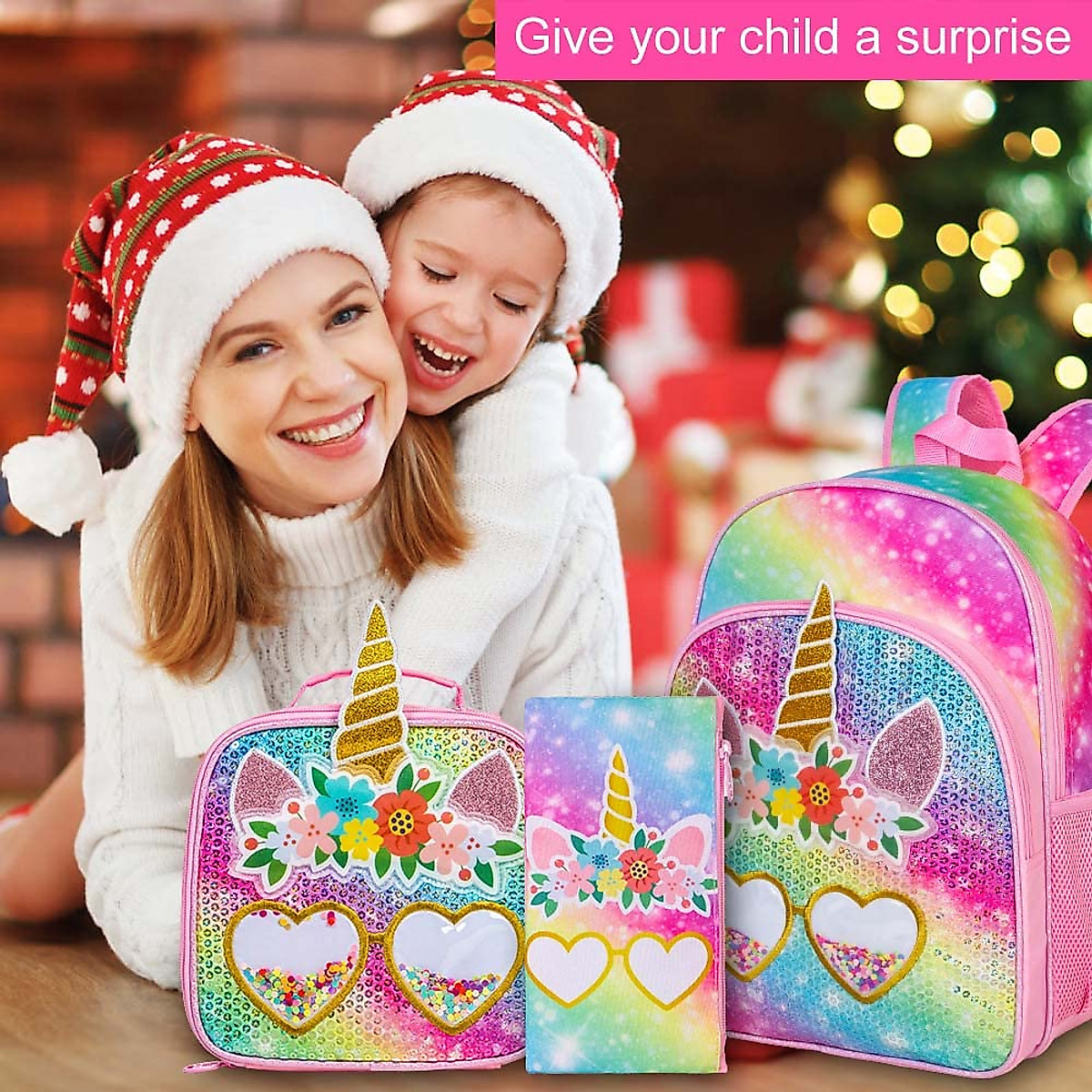 ZLYERT 3PCS Unicorn Backpack for Girls, Sequin Bookbag for Elementary Preschool Students, 16" Kids Backpacks with Lunch Box for Girl - Pink