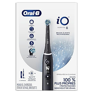 Oral-B iO Series 6 Rechargeable Electric Toothbrush with Visible Pressure Sensor to Protect Gums, 2 Minute Timer, 5 Cleaning Settings, 1 Replacement Toothbrush Head, and Travel Case, Black