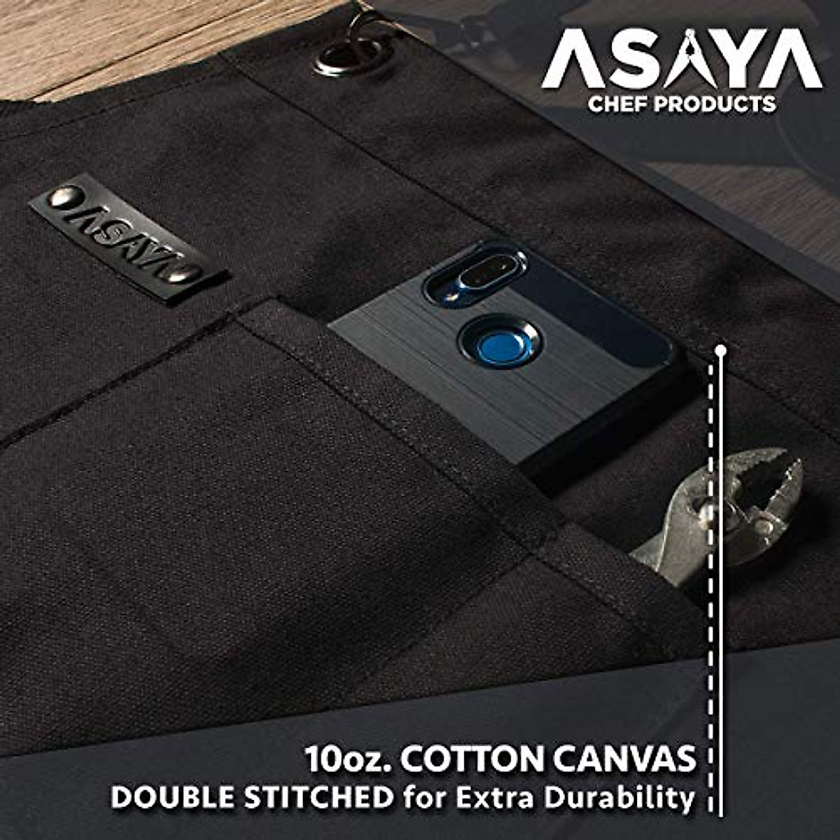 Asaya Chef, BBQ and Work Apron with Bottle Opener and Hand Towel - Durable 10oz Cotton Canvas, Brass Hardware and Cross Back Straps - For Men, Women, Grilling, and Cooking (Black)