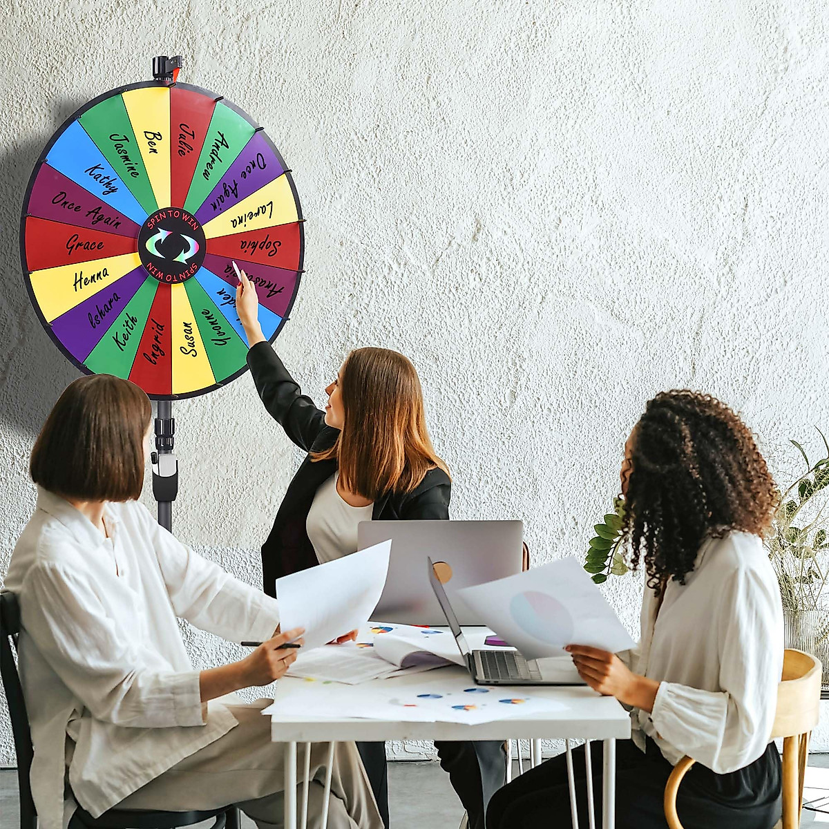 WinSpin 36 Inch Heavy Duty Prize Wheel Dual Use Adjustable Tabletop and Floor Stand Large Fortune Wheel with Dry Erase Marker & Eraser 18 Slots Spinning Wheel for Carnival Spinner Game Tradeshow